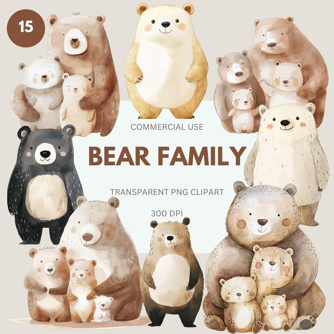 Cute Bear Family Clipart, Watercolor Funny Bear Clipart, Nursery, Baby ...