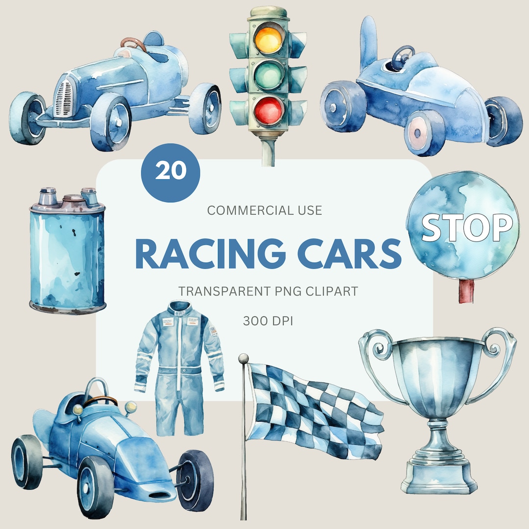 Race Car Clipart Pack, Race Car Watercolor, Vintage Race Cars, Retro ...