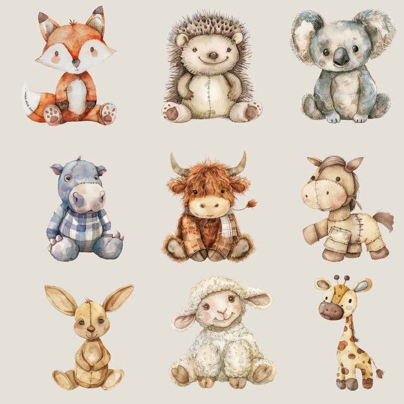 Vintage Knitted Plush Animals Clipart Pack, Watercolor Stuffed Animal ...