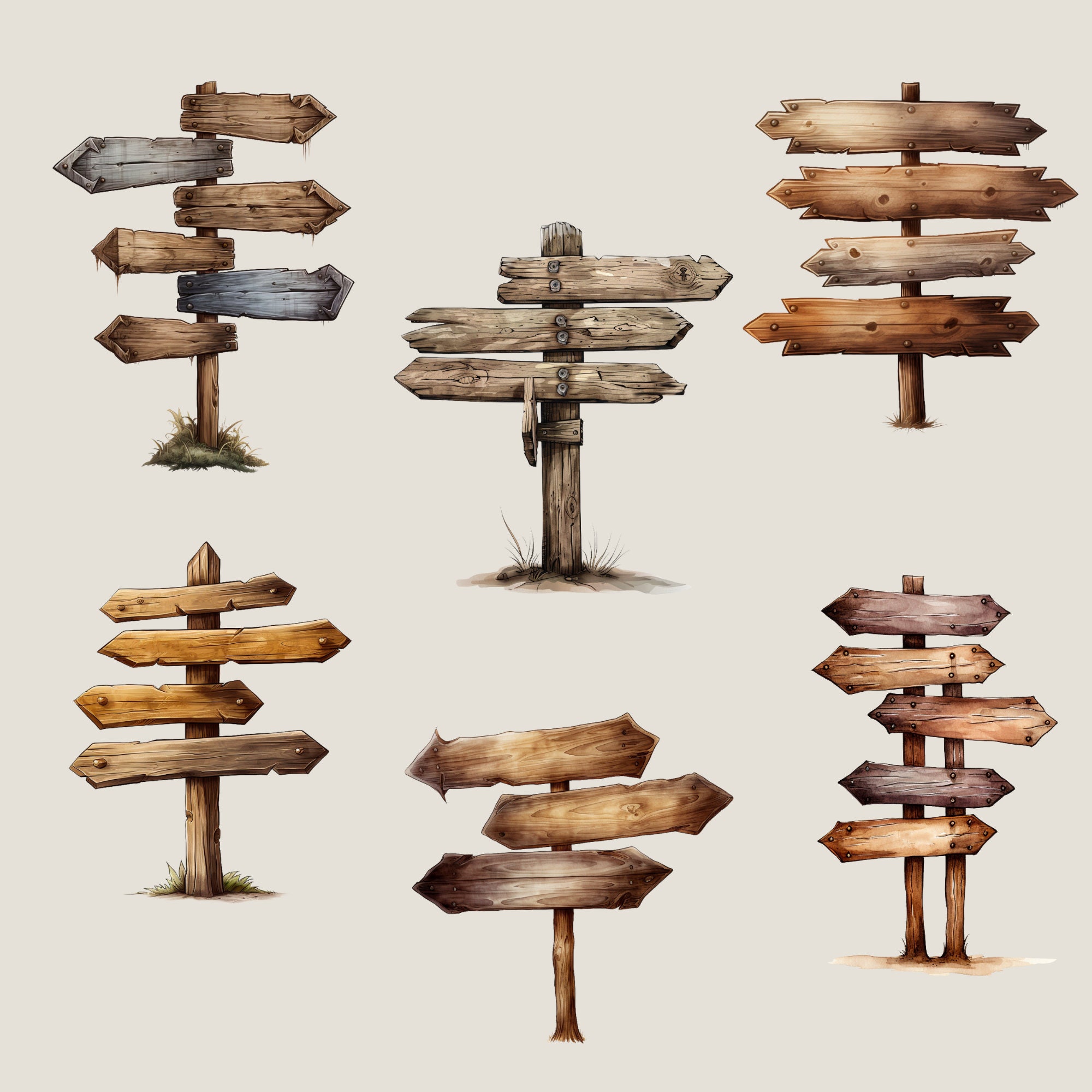 Sign Post Clipart Pack, Wooden Sign Post Watercolor, Wooden Signs ...