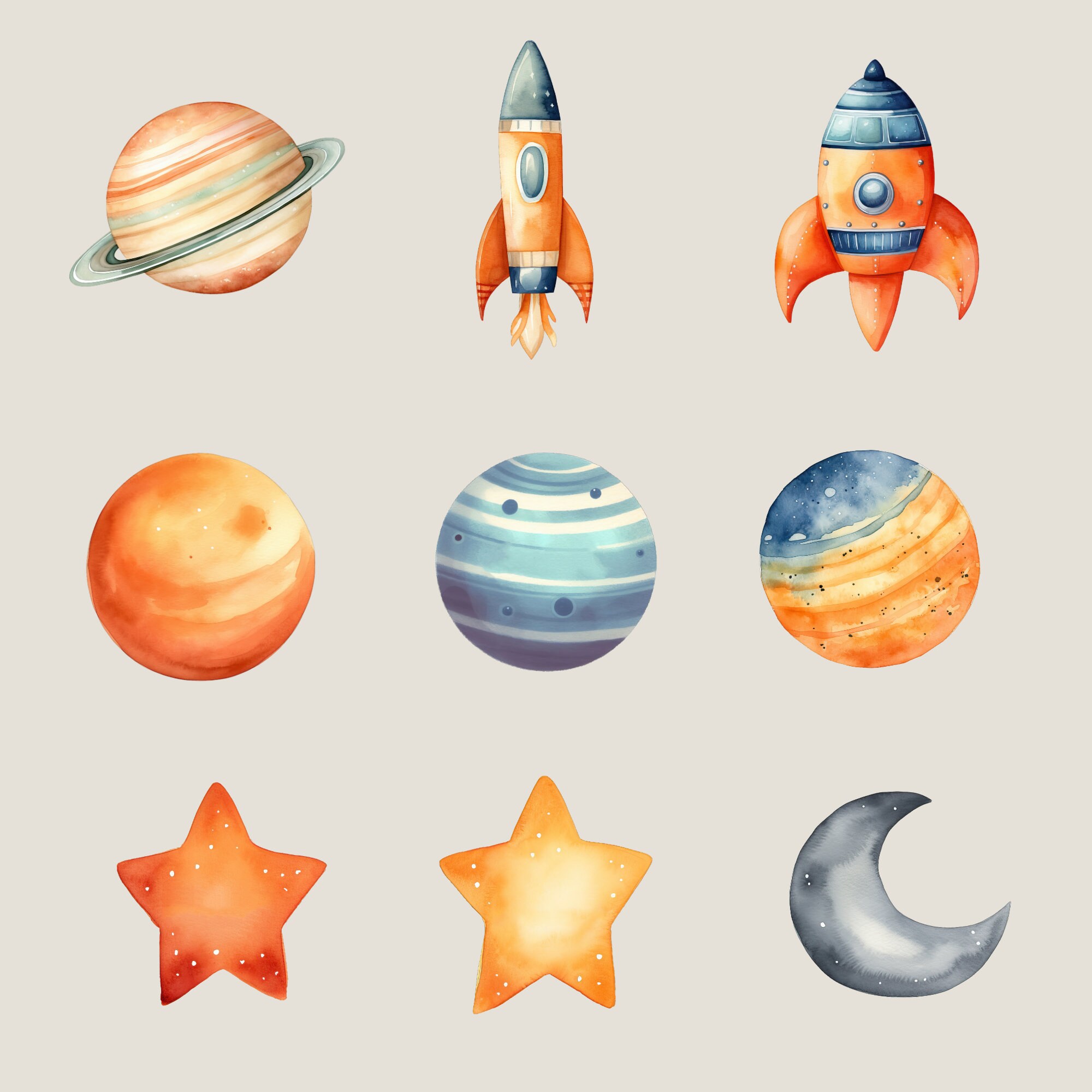 Outer Space Clipart Pack, Watercolor Rocket Space PNG, Cute Space Water ...