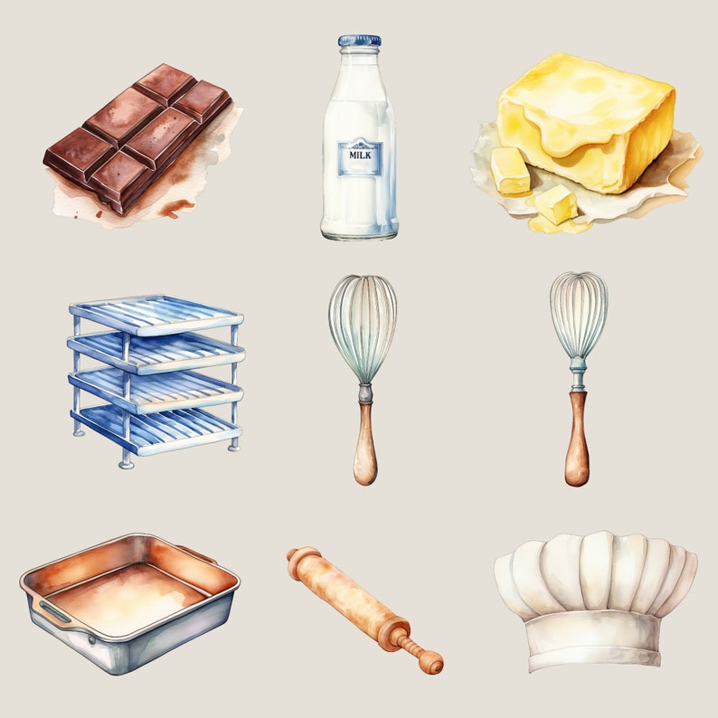 Baking Supplies Clipart Pack, Watercolor Baking Clipart, Kitchen ...