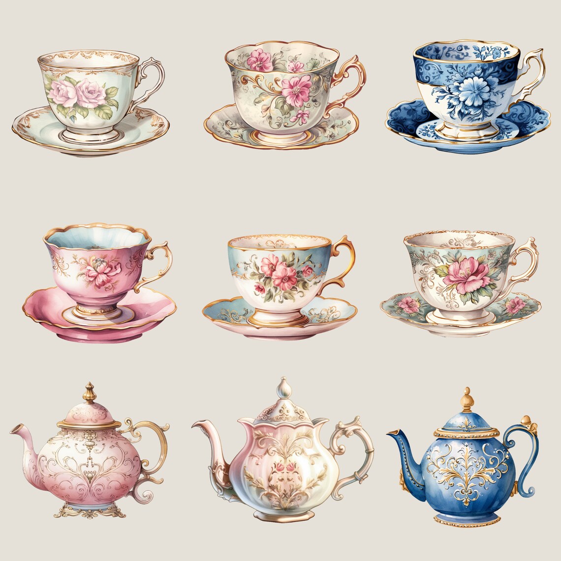 Vintage Tea Party Clipart Pack, Watercolor Versailles Tea Party, Tea ...
