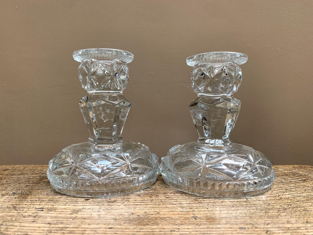 Pair of Heavy Vintage Glass Candlesticks - Etsy