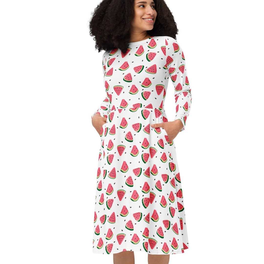 Watermelon Print Midi Dress: Long Sleeve Picnic Dress - Etsy