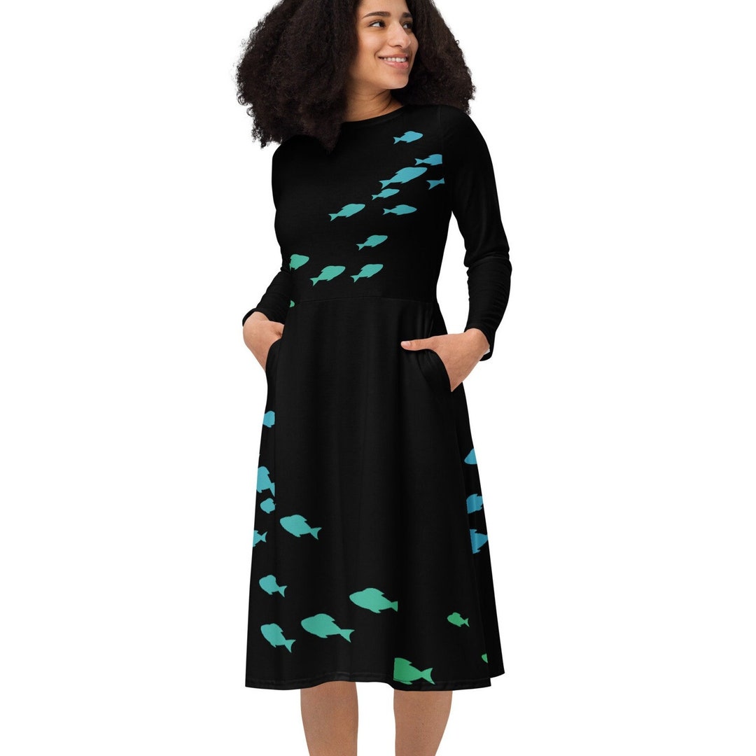 Fish Print Midi Dress: Science Teacher Style With Pockets - Etsy