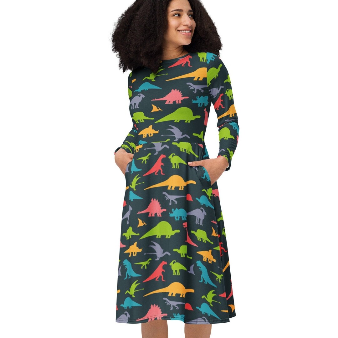 Dark Blue Dinosaurs Dress With Pockets, Dinosaurs for Women, Dinosaurs ...