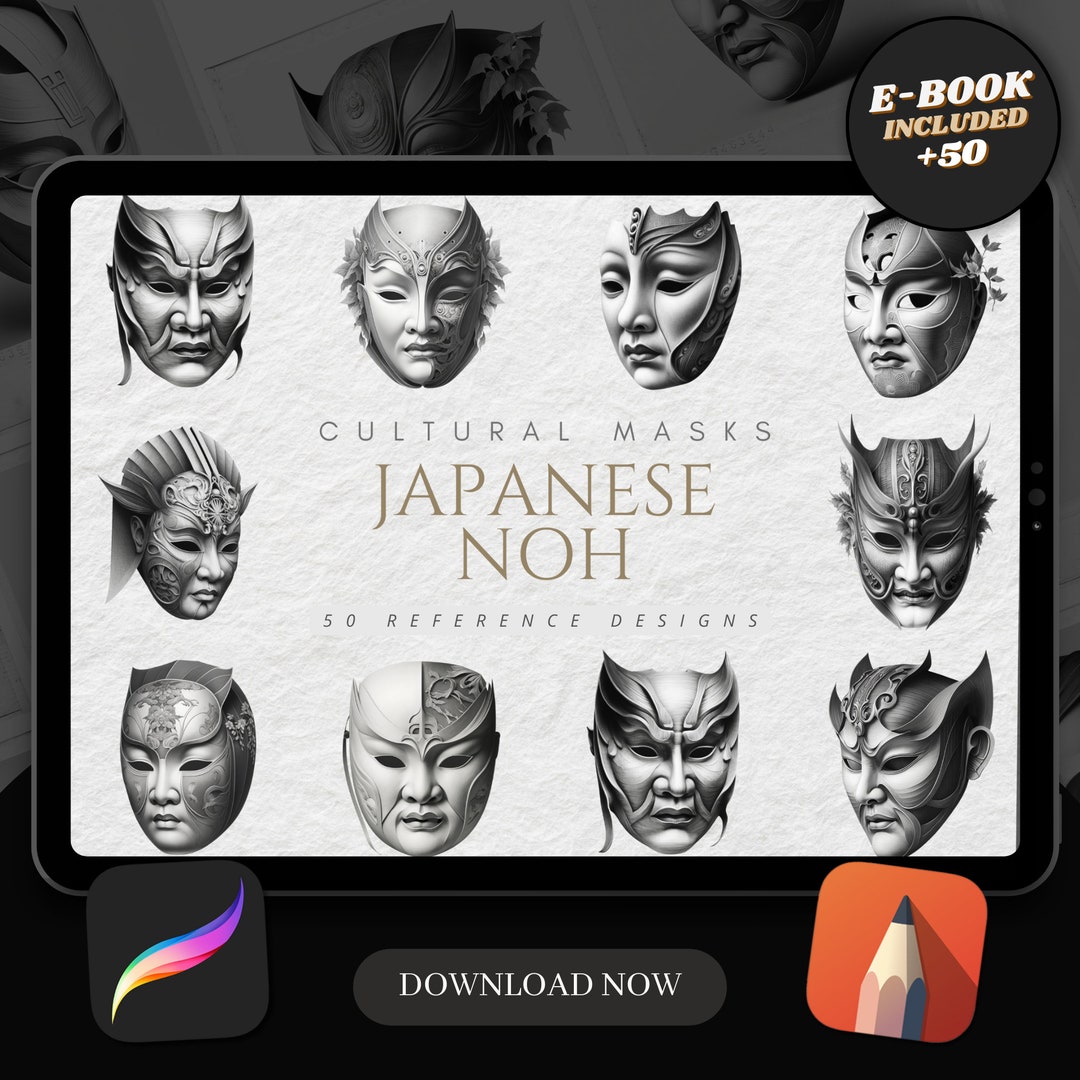 50 Japanese Noh Mask Procreate Brush Stamps | Tattoo Designs | Digital ...