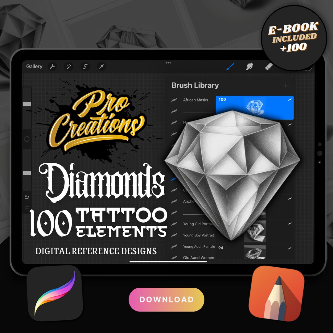 100 Diamond Procreate Brush Stamps | Tattoo Designs | Digital Art ...