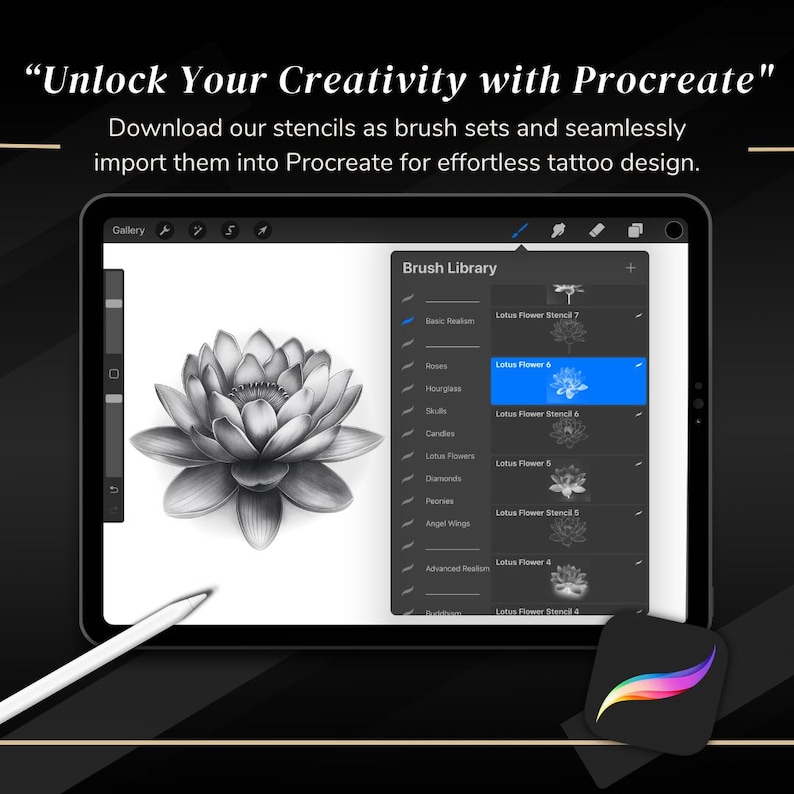 Lotus Flower Tattoo Stencils: Procreate Brush Set (PDF E-book) - Etsy