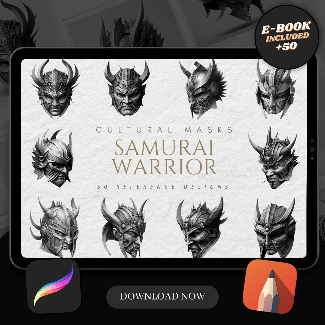 50 Samurai Mask Procreate Brush Stamps: Tattoo Designs (digital ...