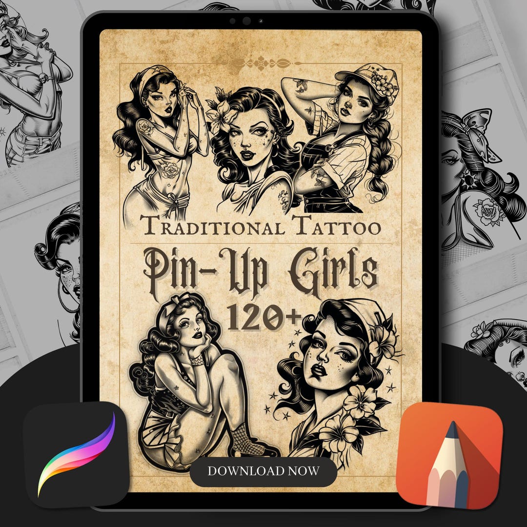 Traditional Pin-up Girl Tattoo Designs | Procreate Brushes | Tattoo Flash Stamp Pack | Classic ...