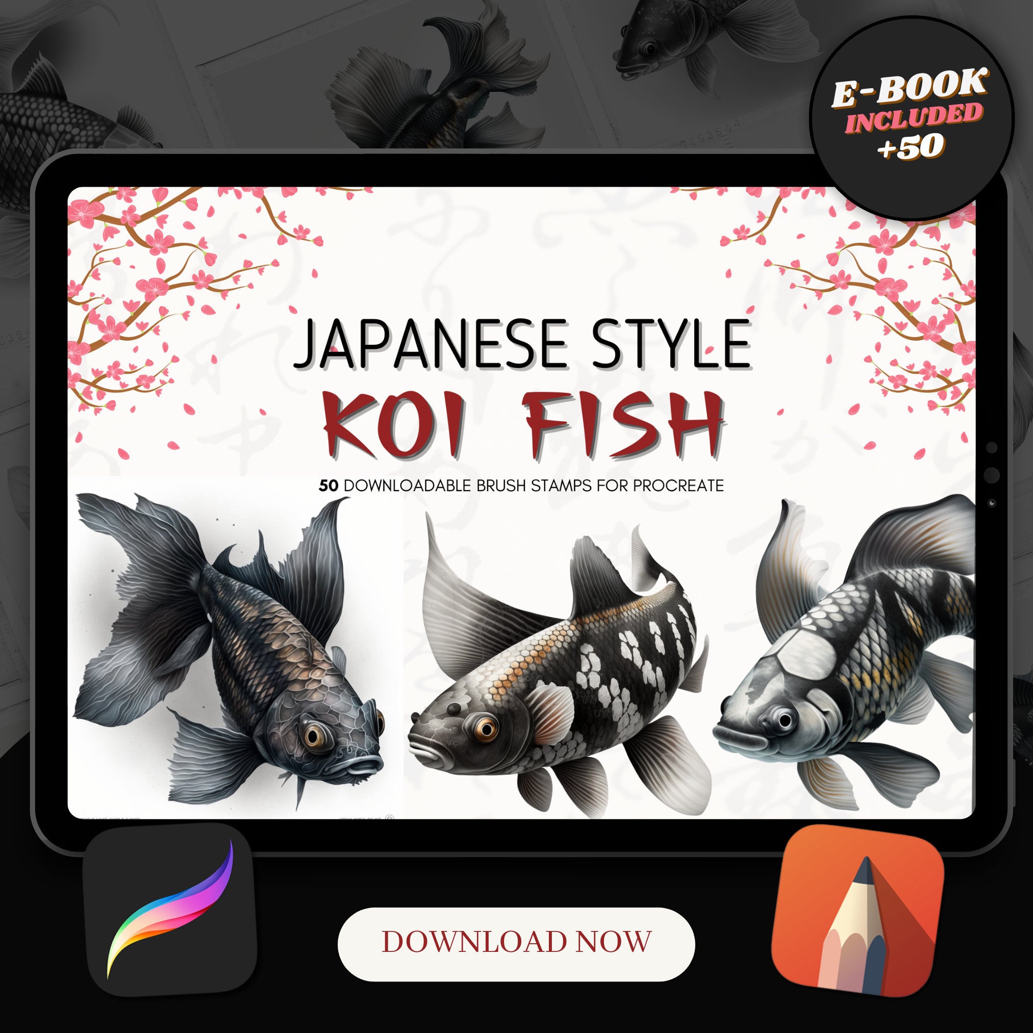 50 Japanese Koi Fish Procreate Brush Stamps: Tattoo Designs (digital ...