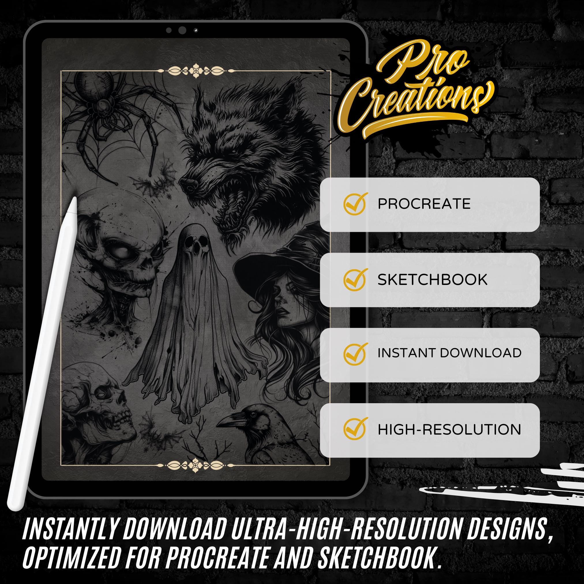 Blackwork Horror Procreate Brushes Tattoo Flash Stamp Pack Bold Horror ...