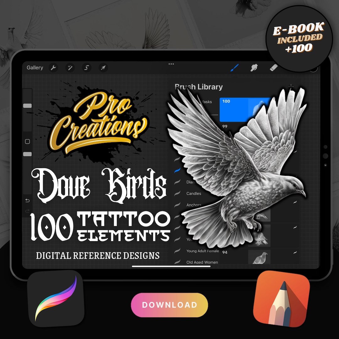 100 Doves Procreate Brush Stamps | Tattoo Designs | Digital Art ...