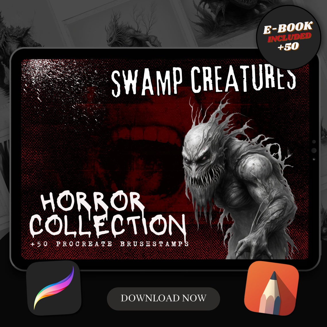 50 Swamp Creature Procreate Brush Stamps Tattoo Designs Digital Art ...