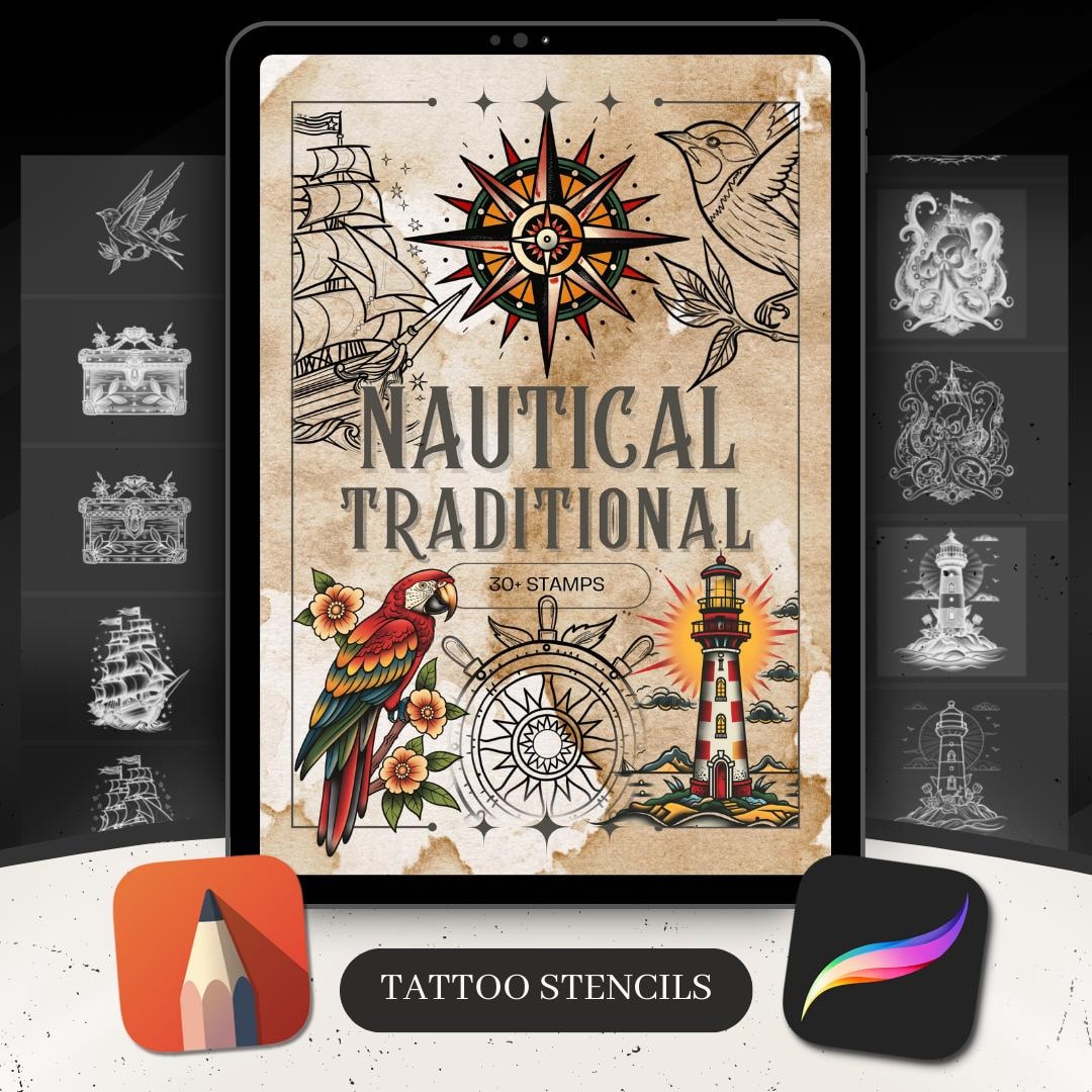 Traditional Nautical Tattoo Stencils | Procreate Brush Set | Sailor ...