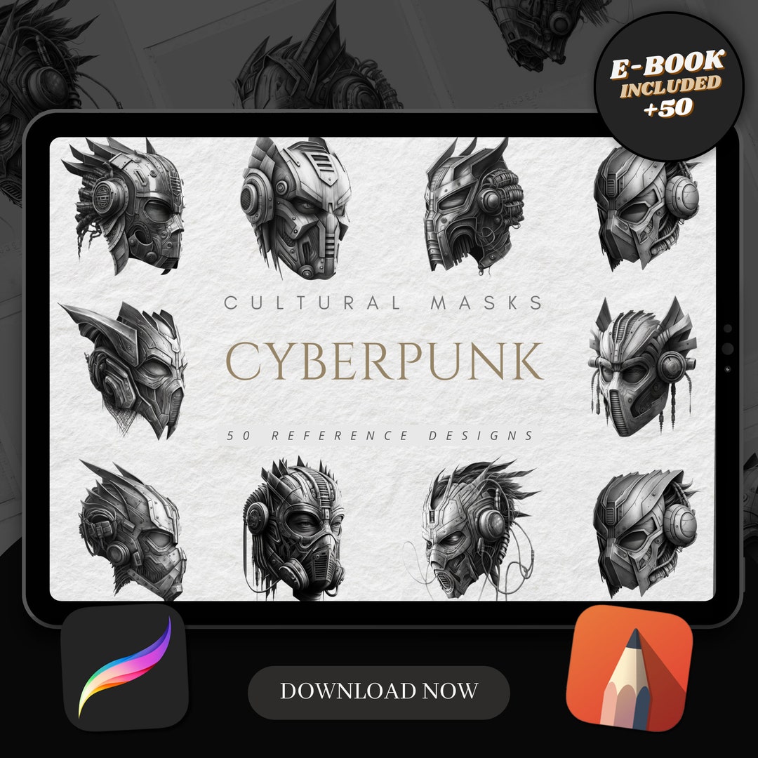 50 Cyberpunk Mask Procreate Brush Stamps | Tattoo Designs | Digital Art ...