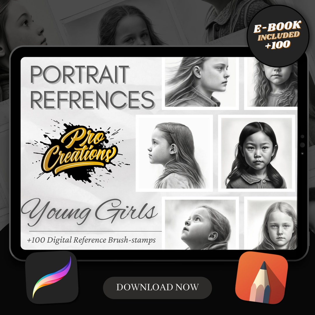 100 Young Female Child Portrait Procreate Brush Stamps | Tattoo Designs ...