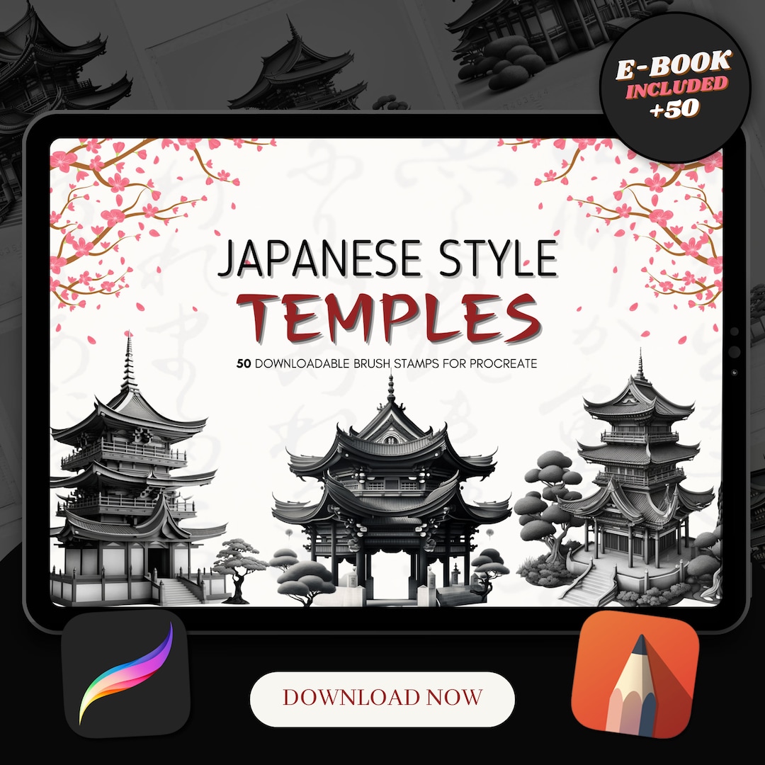 50 Japanese Temple Procreate Brush Stamps | Tattoo Designs | Digital ...