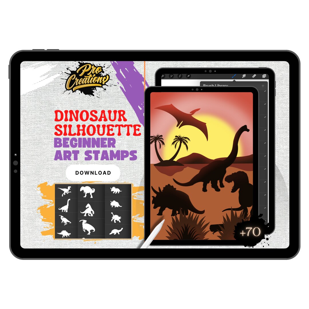70 Dinosaur Silhouettes Procreate Brush Set | Tattoo Stamp Brushes ...