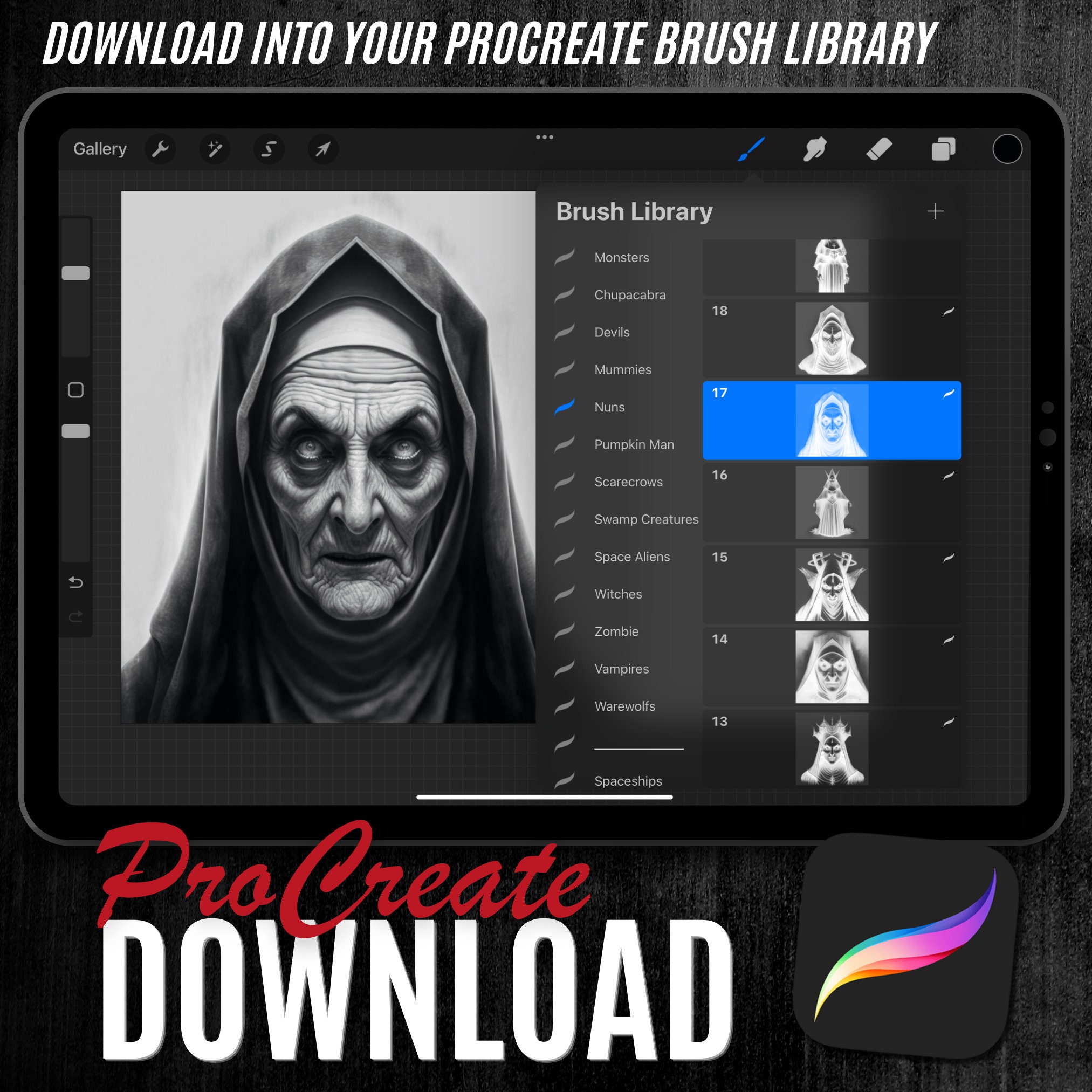 50 Deadly Nun Procreate Brush Stamps Tattoo Designs Digital Art ...