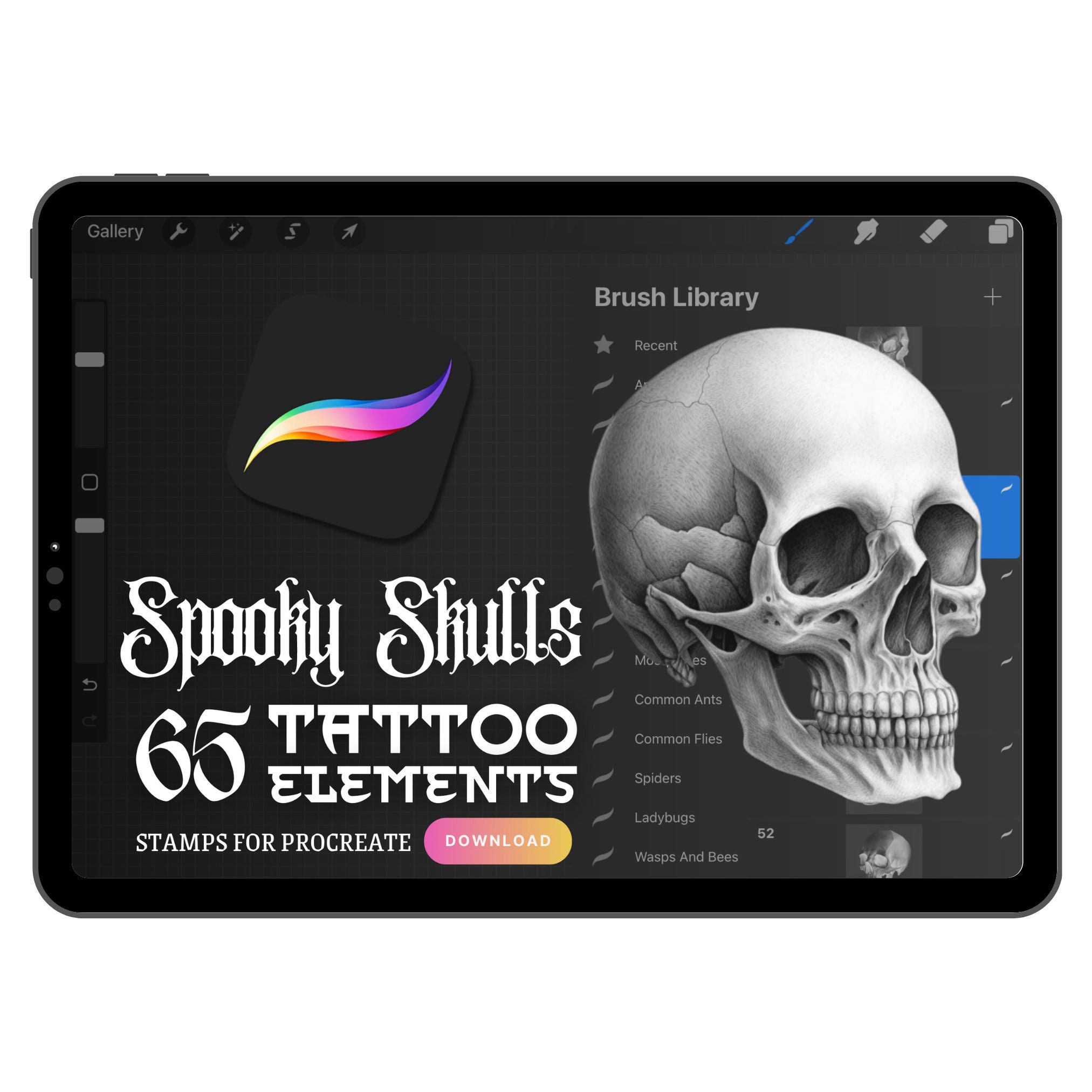 Procreate Brushes 'spooky Skulls ' Tattoo Design / Tattoo Flash Sheet 65 Procreate Stamps ...