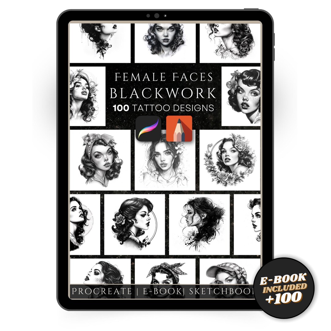 Blackwork Female Faces Tattoo Designs - Procreate Stamps & Sketchbook Brushes | 100 Realistic ...