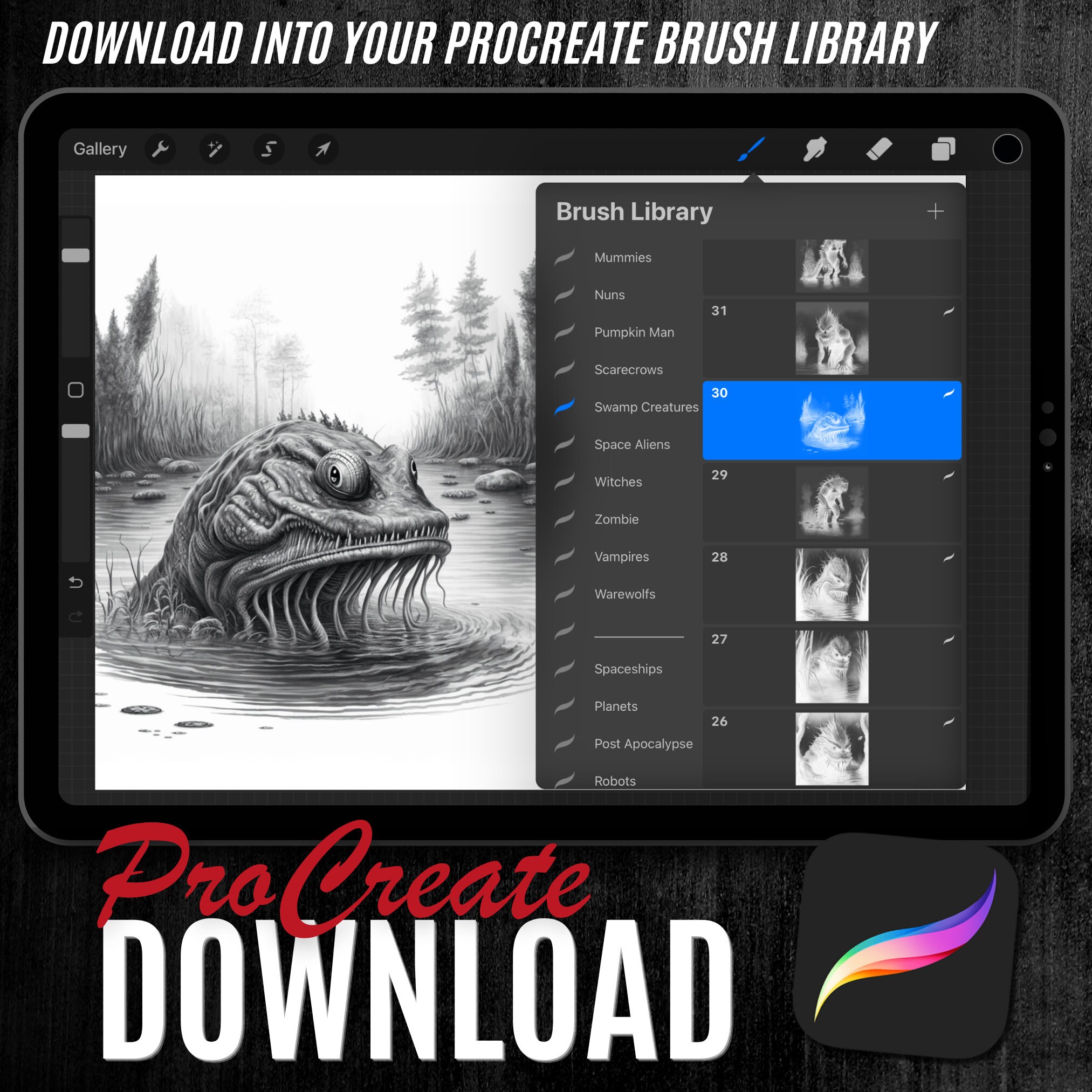 50 Swamp Creature Procreate Brush Stamps: Horror Tattoo Designs ...