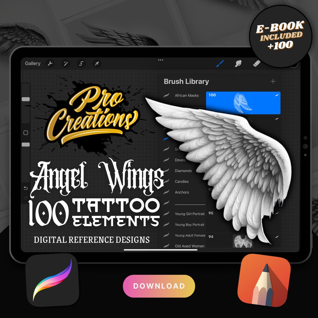100 Wings Procreate Brush Stamps | Tattoo Designs | Digital Art ...
