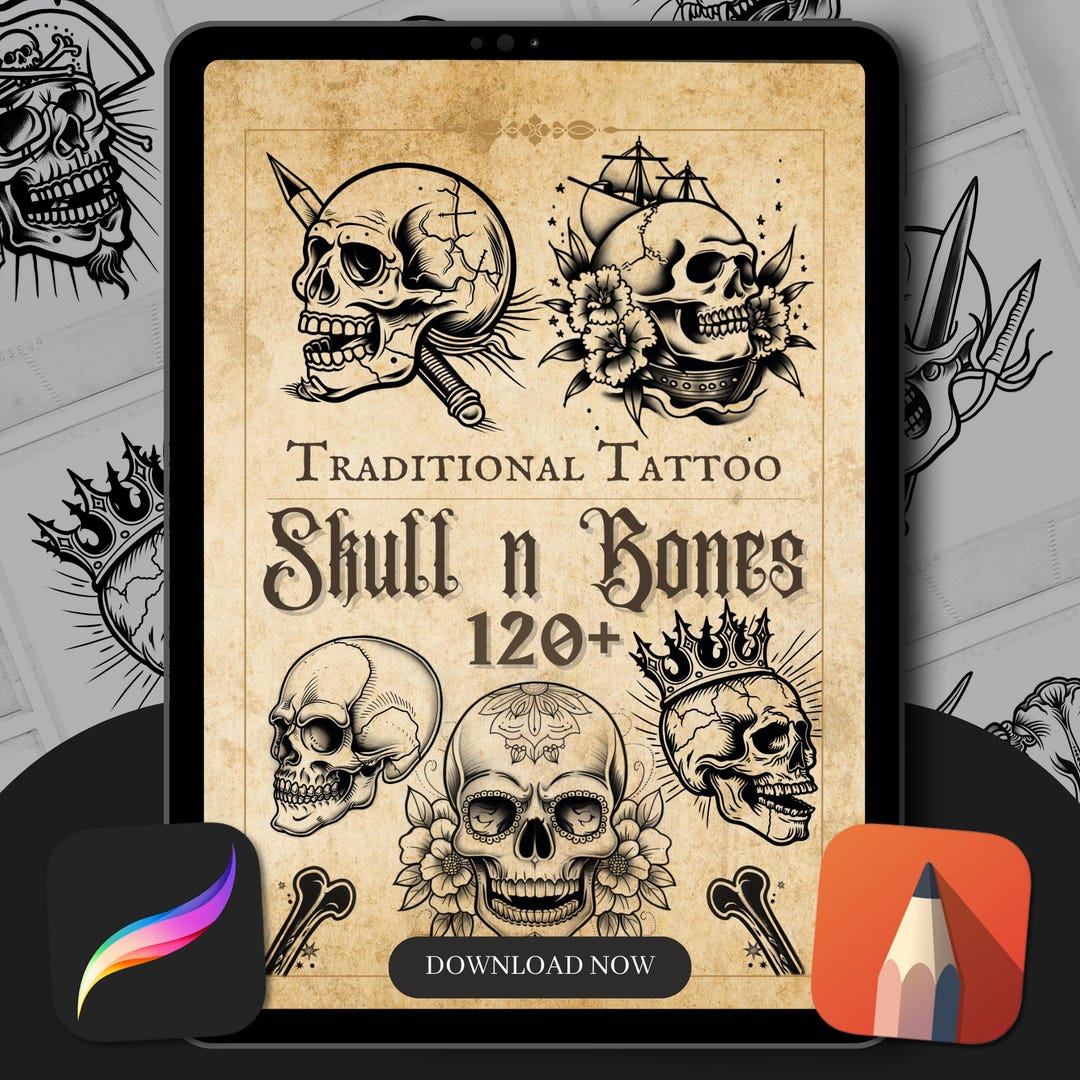 Traditional Skull and Bones Tattoo Designs | Procreate Brushes | Tattoo ...