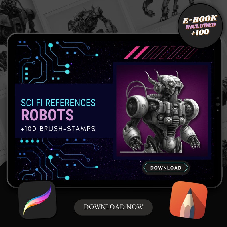 100 Robot Procreate Brush Stamps: Sci-fi Tattoo Designs (digital ...