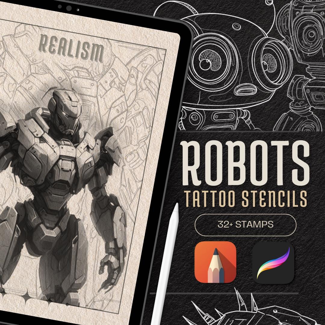 Advanced Realism Robot Tattoo Stencils | Procreate Brushes & Stamps ...