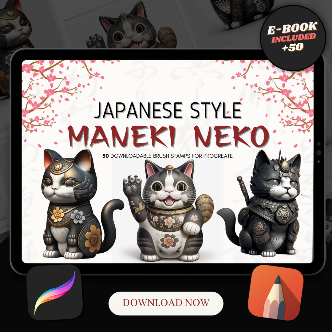 50 Maneki Neko Procreate Brush Stamps: Japanese Tattoo Designs (digital ...