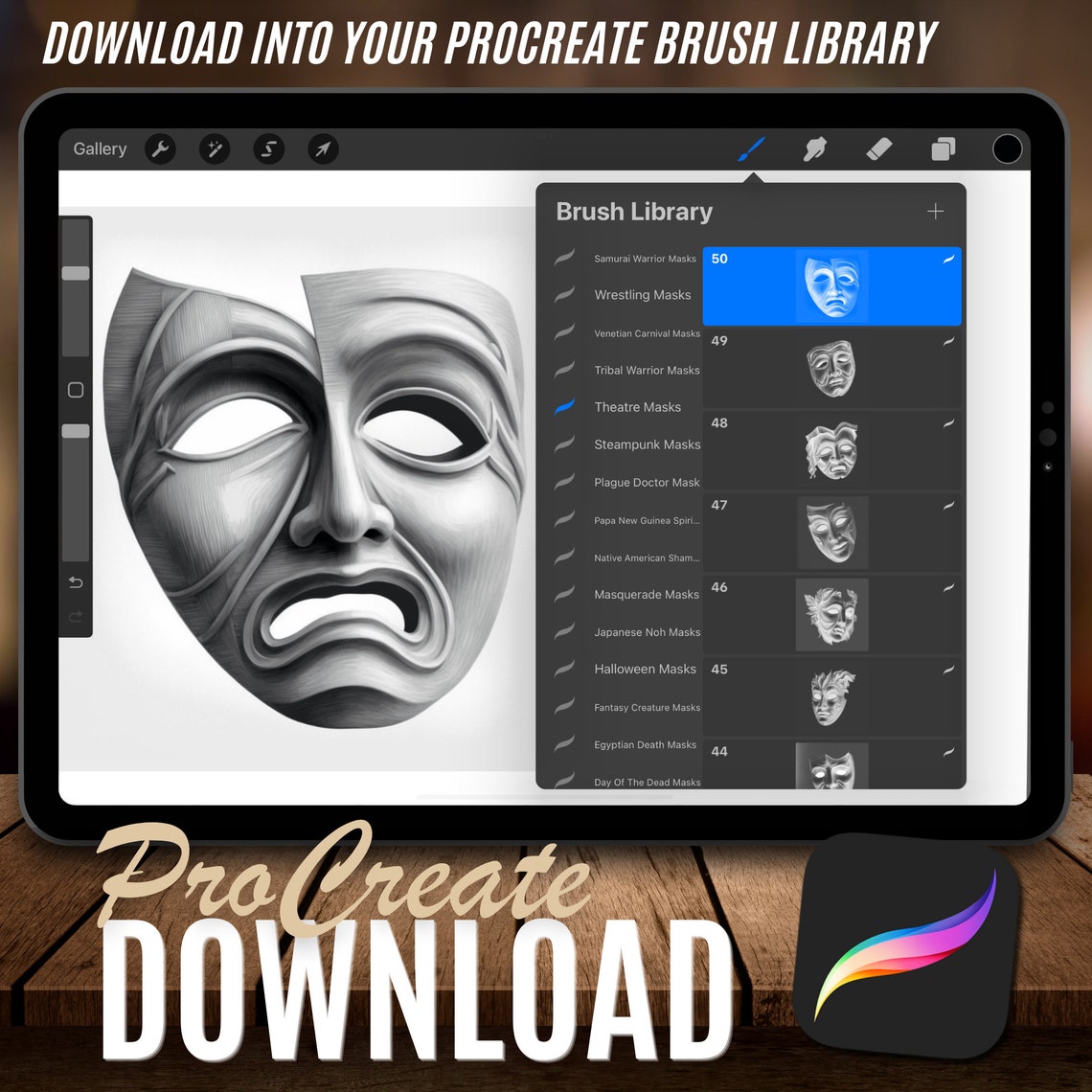 50 Theatre Mask Procreate Brush Stamps Tattoo Designs Digital Art ...