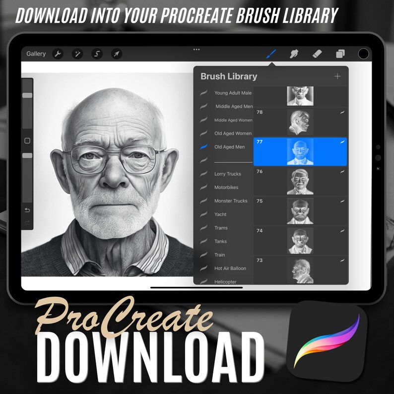 Elderly Male Portrait Procreate Brushes: Tattoo Designs (digital ...