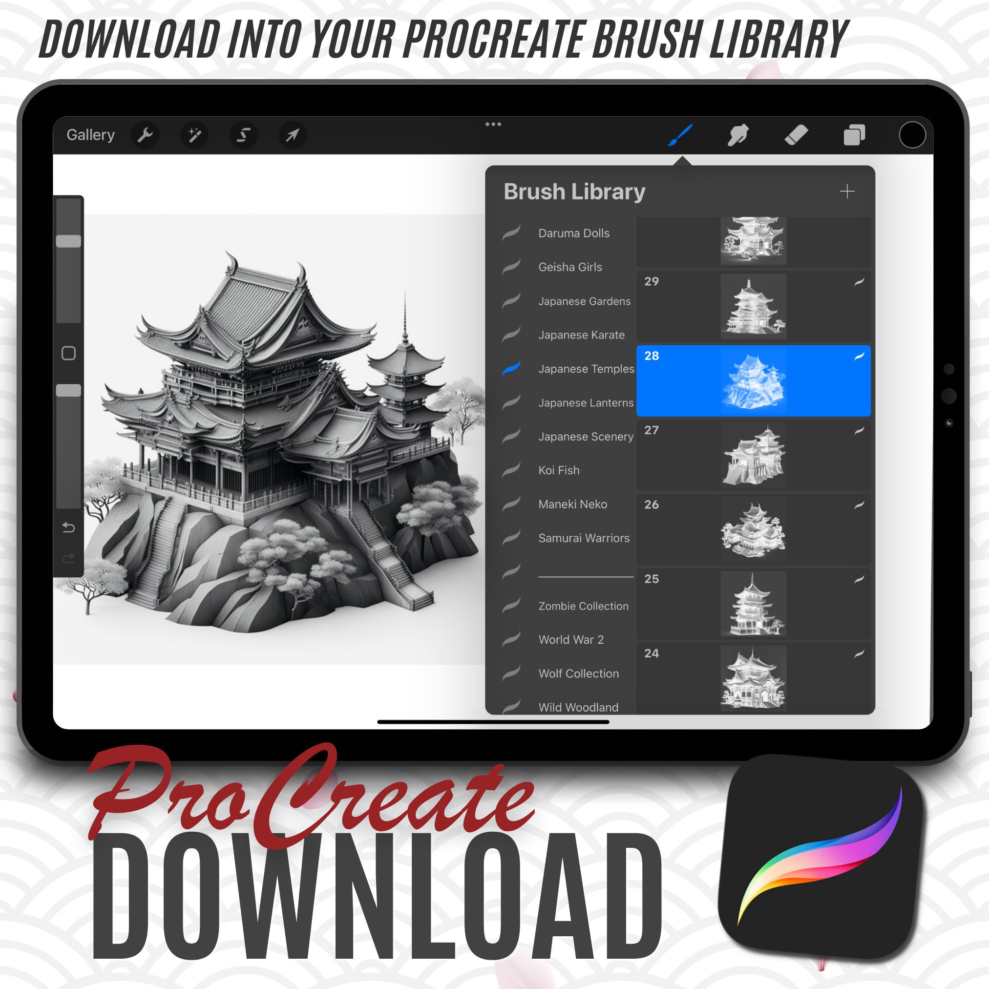 50 Japanese Temple Procreate Brush Stamps Tattoo Designs Digital Art ...
