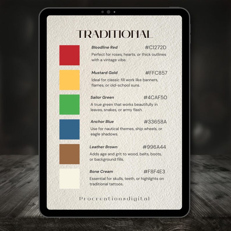 Traditional Tattoo Colour Palette for Procreate – 30 Swatches + PNG ...