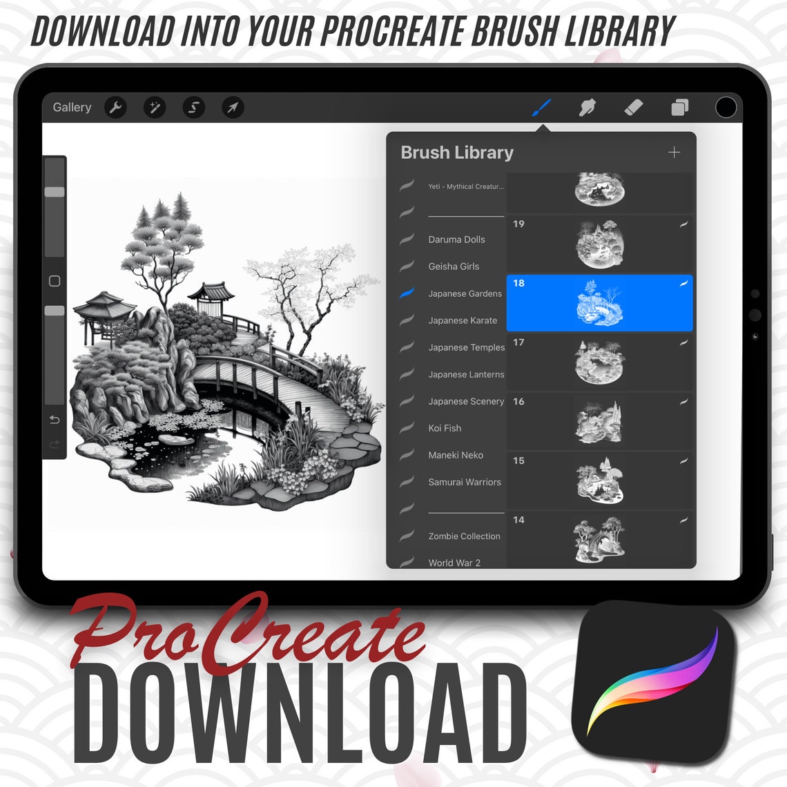 50 Japanese Garden Procreate Brush Stamps Tattoo Designs Digital Art ...