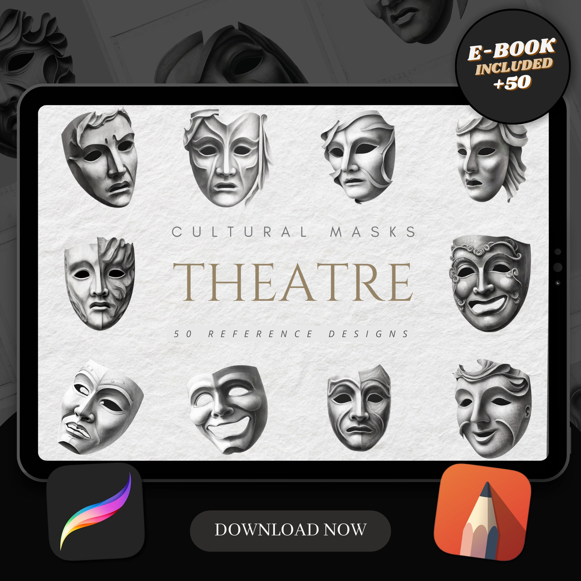 50 Theatre Mask Procreate Brush Stamps Tattoo Designs Digital Art ...