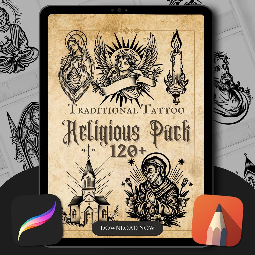 Traditional Religious & Spiritual Tattoo Designs | Procreate Brushes ...