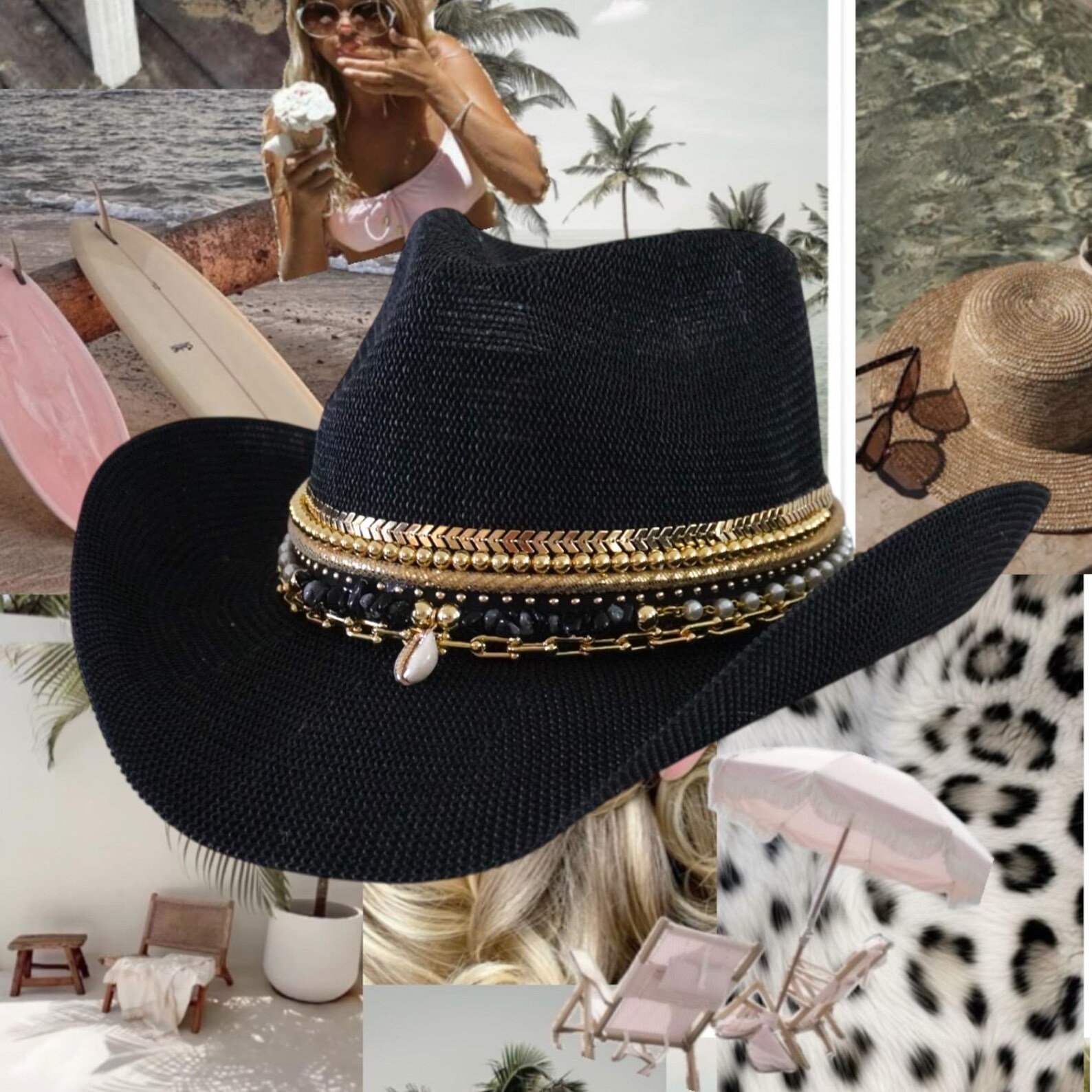 Black Straw Western Hat: Gold Chain and Shell Coastal Cowgirl Hat - Etsy