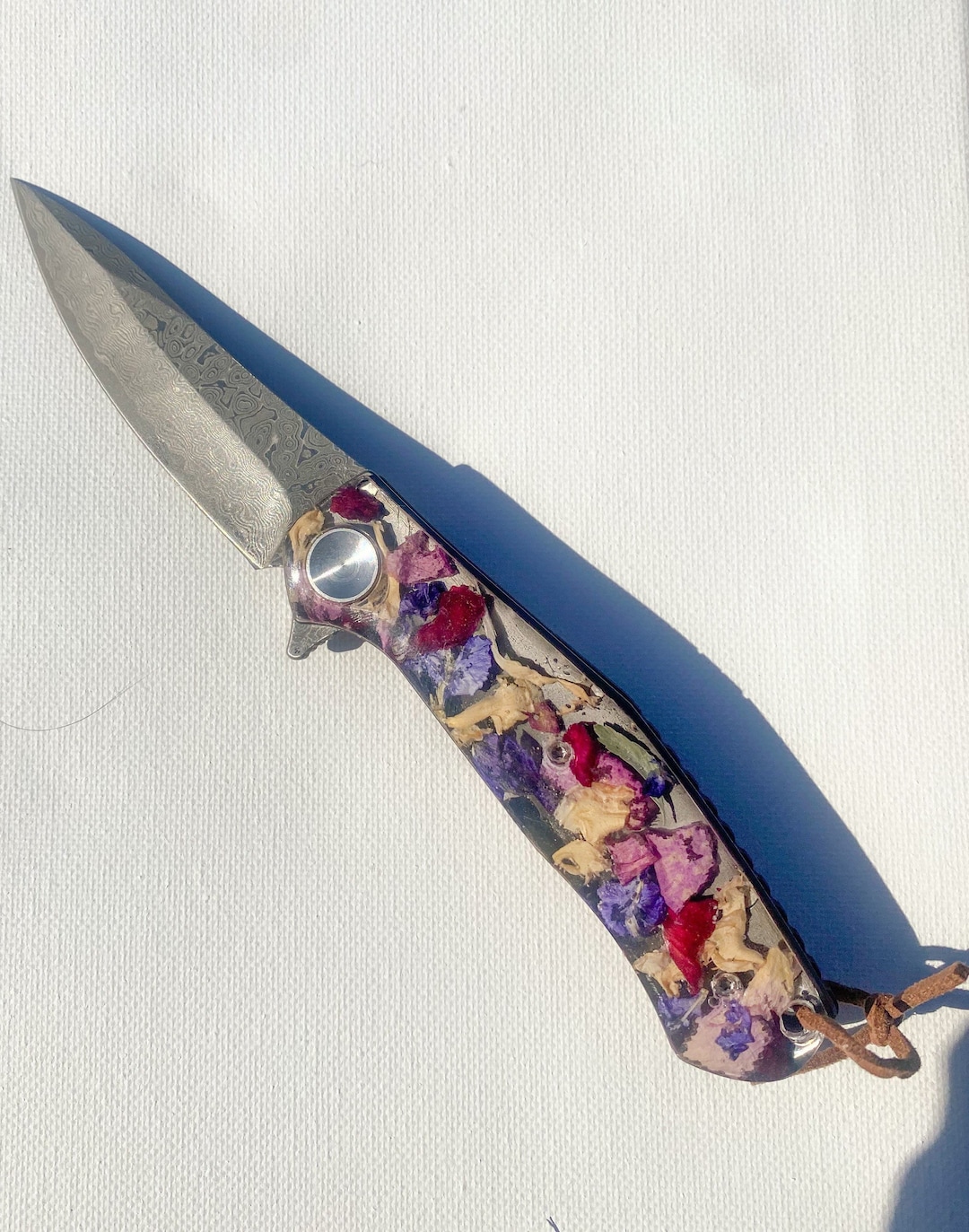 Funeral Flower Keepsake Damascus Blade Knife | Epoxy Memorial Flower ...