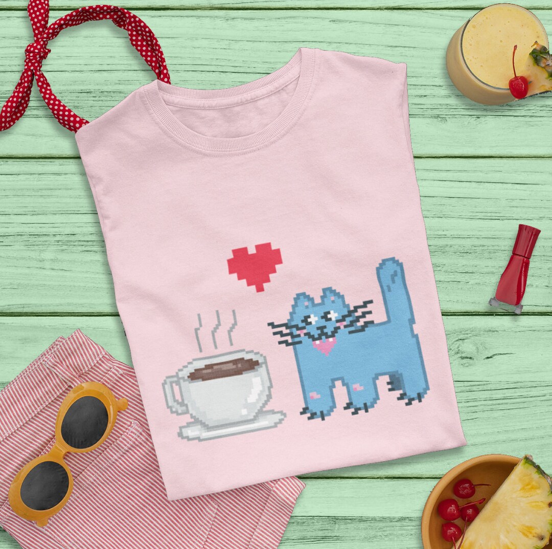 8-bit Cat & Coffee Tee | Retro Gamer T-shirt | Cute Pixel Graphic T ...