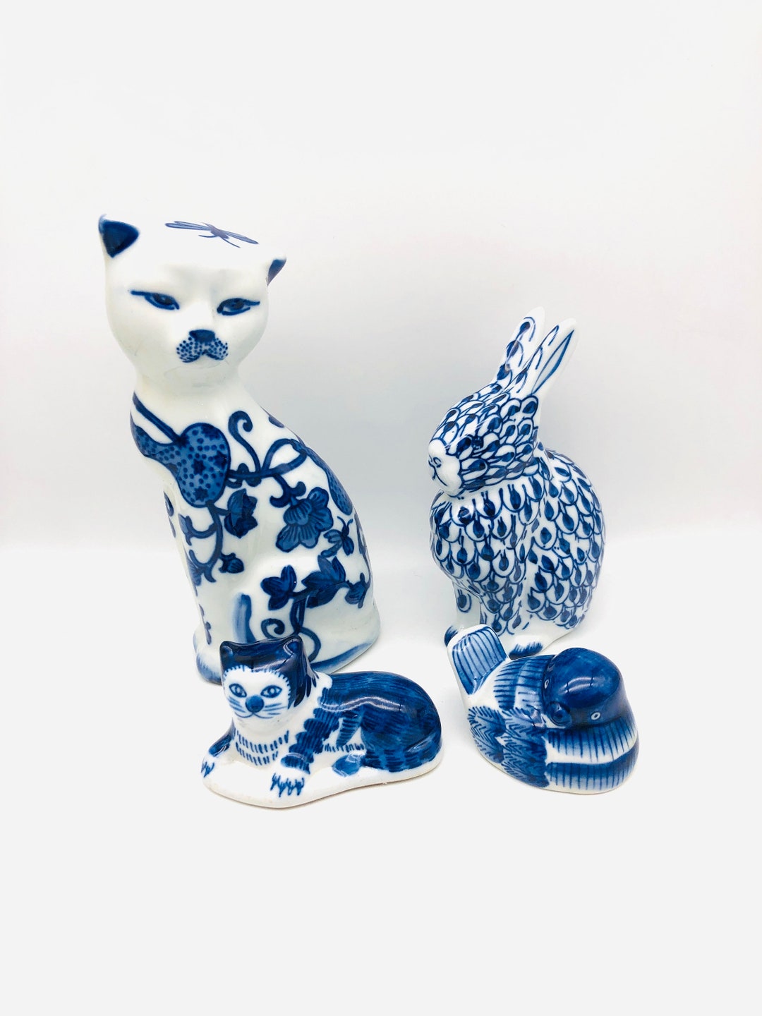 Vintage Blue and White Ceramic Animals, Handpainted Collectibles, Cat ...