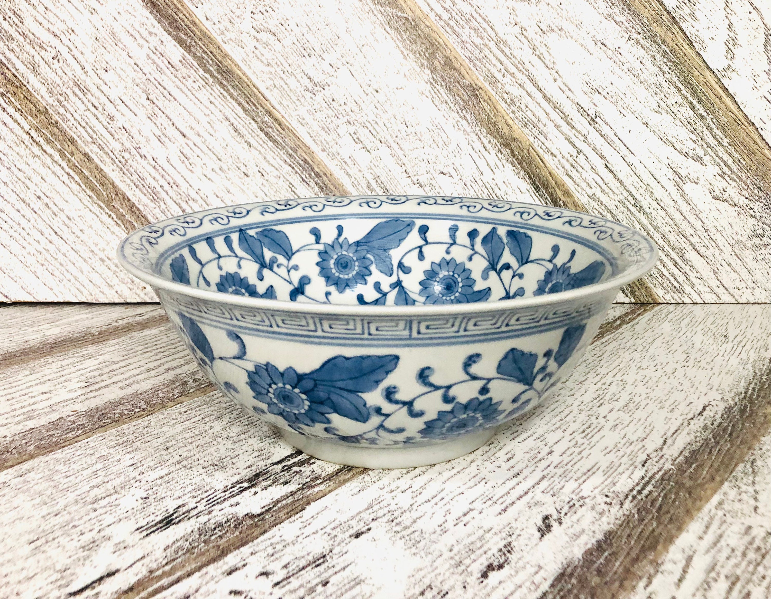 Vintage Chinese Large Ceramic Bowl, Handpainted Blue and White Floral ...