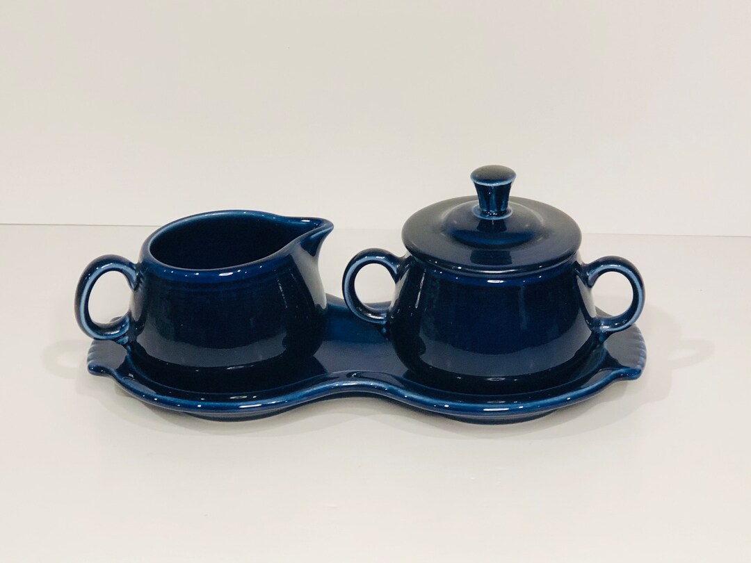 Vintage Fiesta Ware Blue Glazed Covered Sugar and Creamer Set With Tray ...