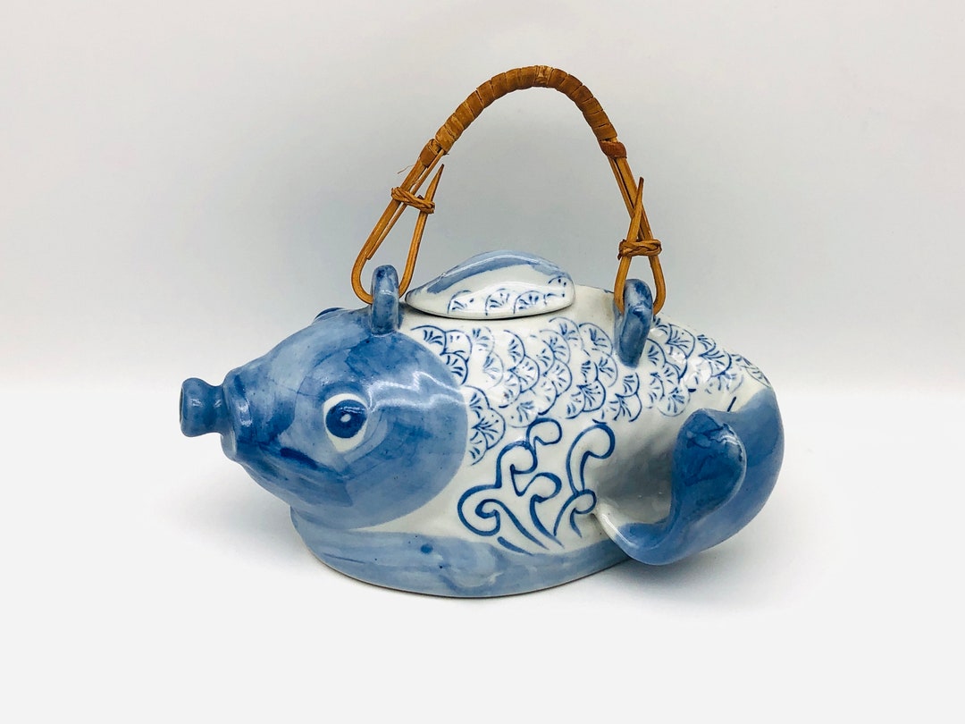 Vintage Chinese Chinoiserie Teapot, Handpainted Koi Fish Teapot, Bamboo ...