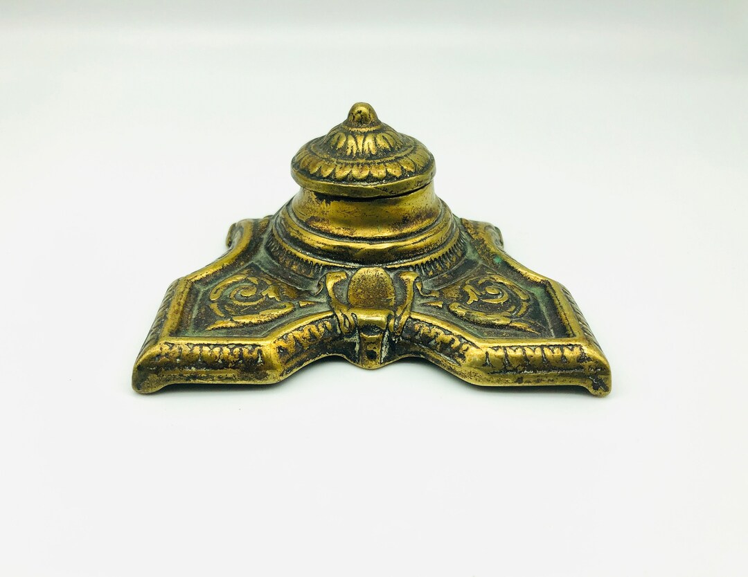 Vintage Brass Inkwell Peerage England Floral Embossed Inkwell, Vintage ...