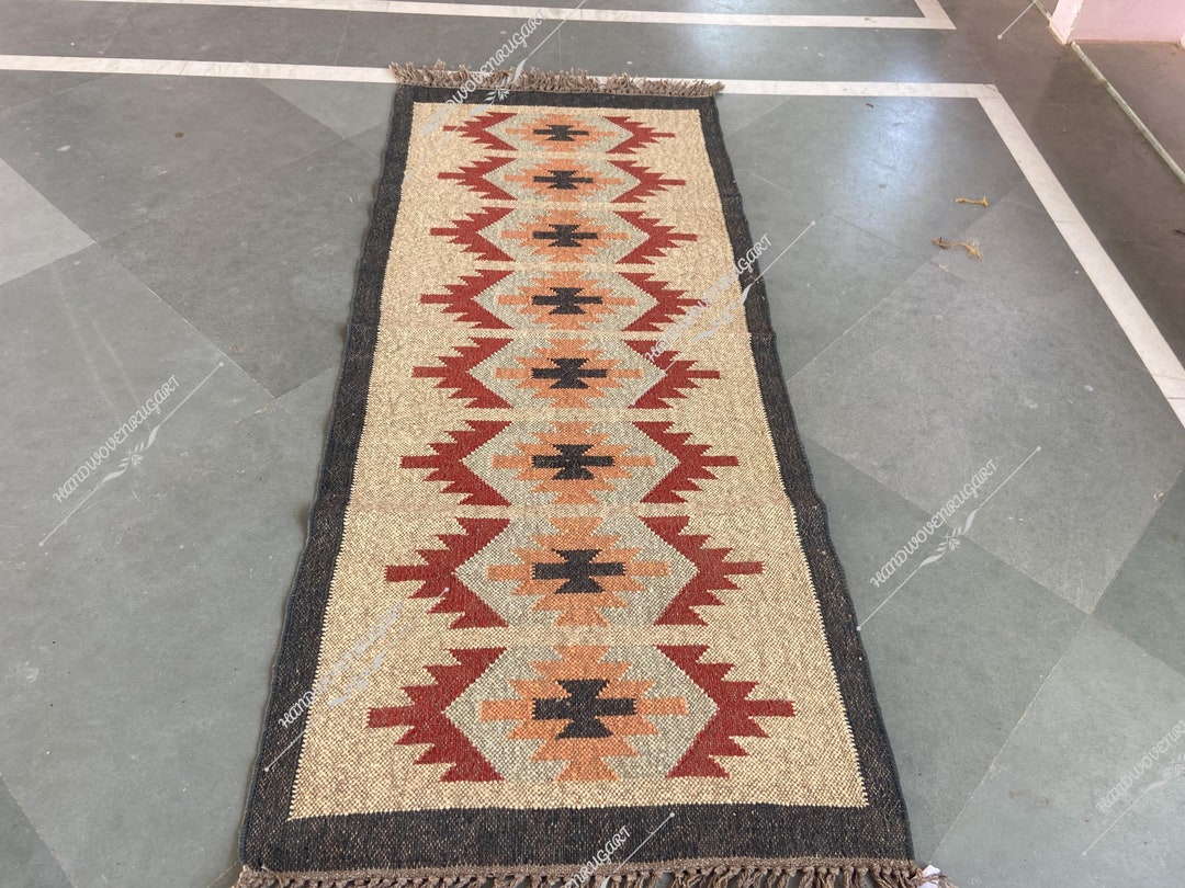 Handwoven Kilim Wool Jute Runner Bohemian Eco Friendly Wool Jute Kilim ...
